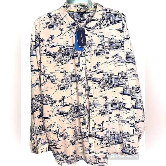 Nautica | Tops | Nautica Blue White Beach Tropical Light Weight Shirt ...